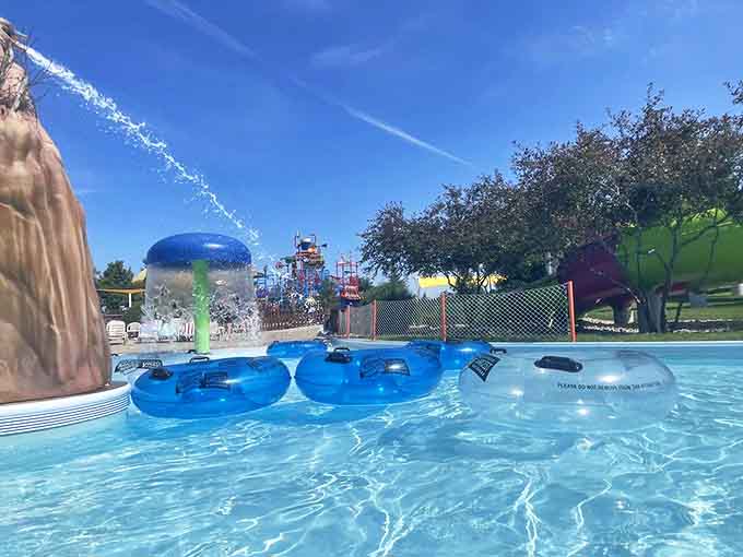 The universal currency of water parks floats peacefully, waiting to transport visitors down lazy rivers or through churning wave pools.