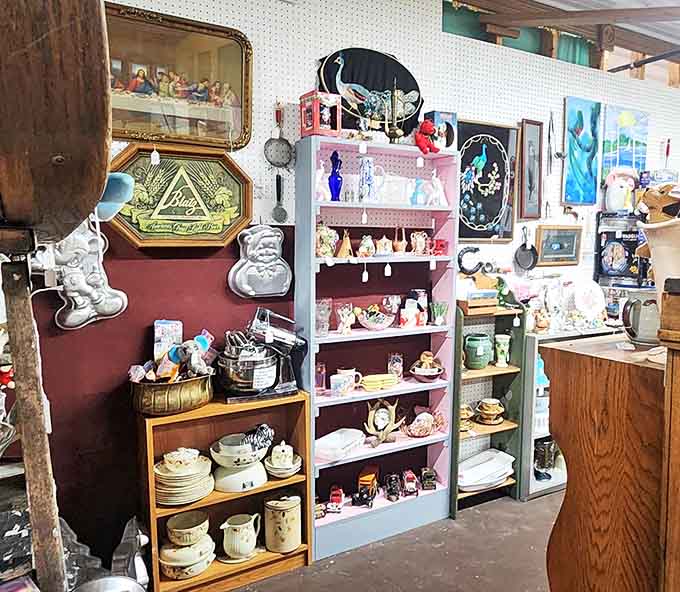 Grandmother's kitchen comes alive in this carefully arranged display of vintage dishware and utensils that survived countless family dinners.