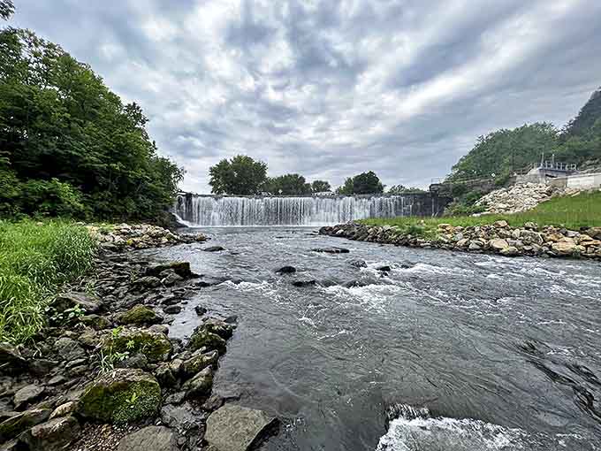The Stone Dam creates a mesmerizing cascade that provides both scenic beauty and the soothing soundtrack of rushing water throughout downtown.