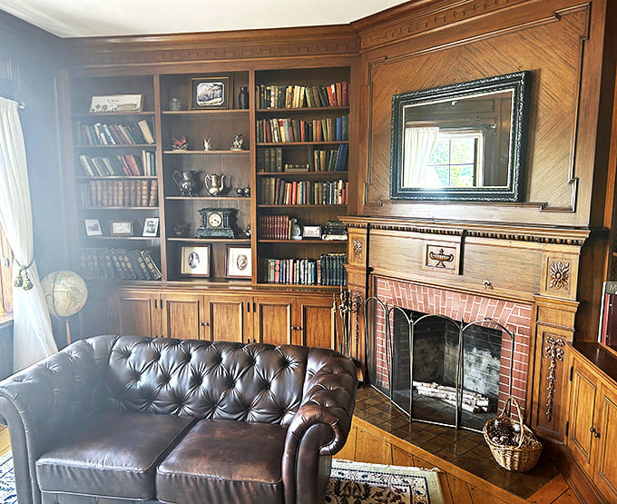 Library: Books, a leather chesterfield, and a crackling fireplace&mdash;this wood-paneled sanctuary proves some comfort combinations are simply timeless.