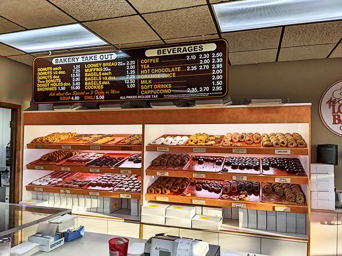 The donut display case – where diet plans go to die and "I'll just have one" becomes the lie you tell yourself every time.