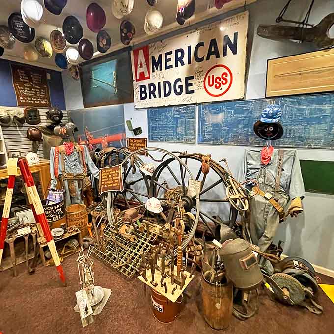 Hard hats and history collide in this authentic display of Mackinac Bridge construction artifacts, each with its own story to tell.