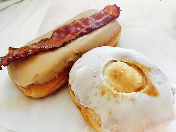 The maple bacon long john and cr&egrave;me br&ucirc;l&eacute;e donut &ndash; proof that YoYo understands the perfect marriage of sweet and savory.