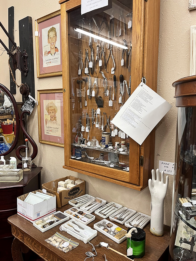 A cabinet of curiosities showcases vintage medical instruments that would make even the bravest patient grateful for modern medicine.