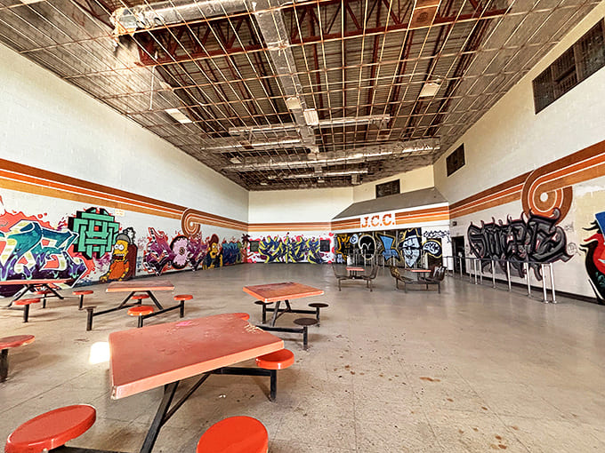 Institutional dining at its most depressing &ndash; the cafeteria's vibrant graffiti contrasts sharply with decades of bleak prison meals served here.