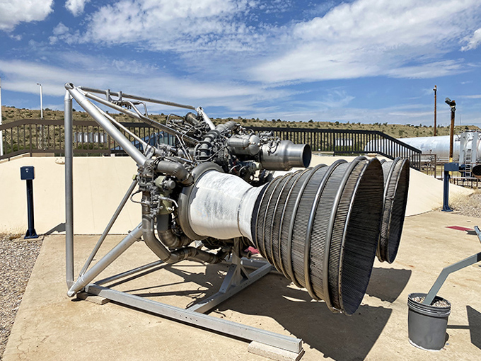 This rocket engine, now peacefully displayed under Arizona skies, once contained enough thrust to send destruction hurtling across continents.