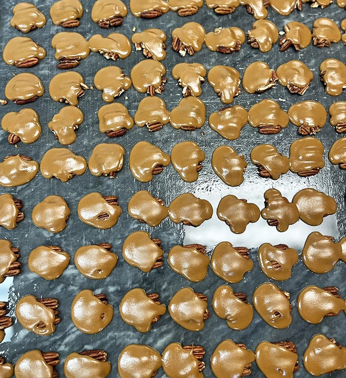 Pecan turtle candies: Little islands of pecan perfection swimming in caramel seas, all blanketed in chocolate that snaps just right between your teeth.