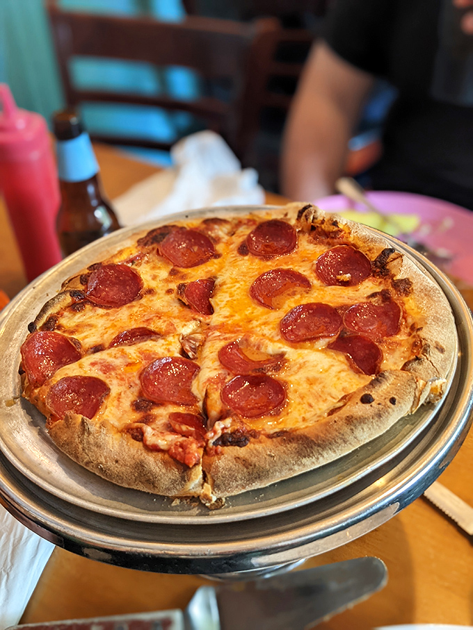 The pepperoni pizza arrives with those perfectly curled, crispy-edged meat discs that pizza aficionados dream about &ndash; simple perfection on a hand-tossed crust.