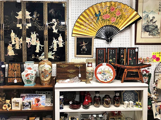 Asian-inspired art meets American craftsmanship in this cultural crossroads. That decorative fan could tell stories of elegant parties from another century.