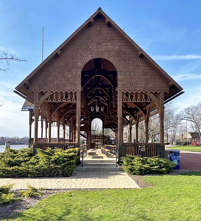 This wooden pavilion at Pottawatomie Park looks like it was plucked from a storybook &ndash; the kind where everyone gets ice cream and happy endings.