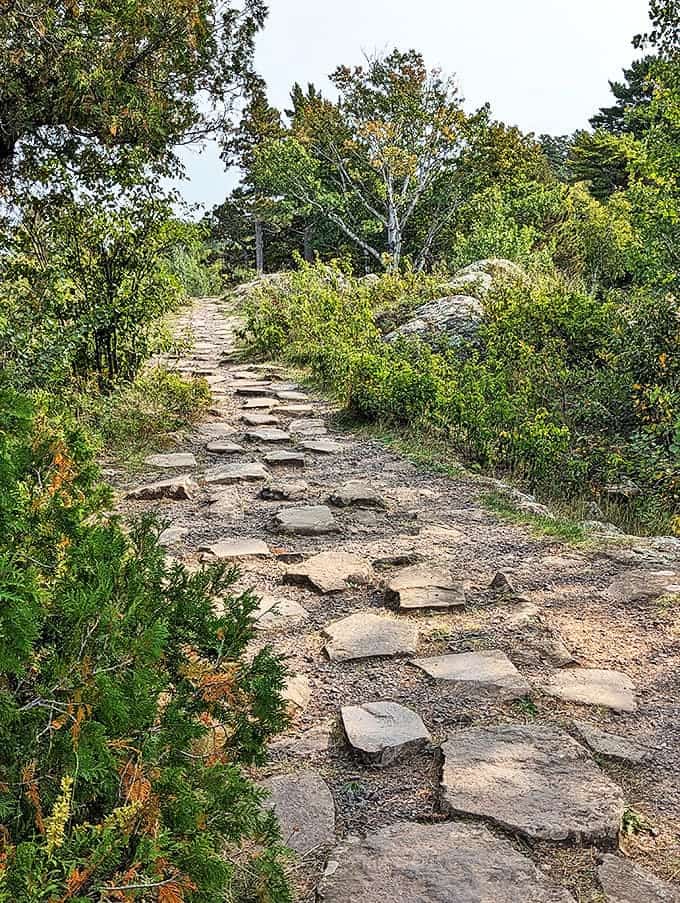 Nature's own cobblestone path winds through Esrey Park, each stone telling a geological story millions of years in the making.