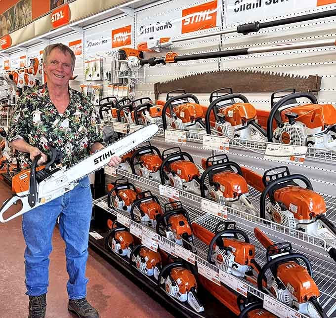 The power tool section bridges generations, with modern STIHL chainsaws displayed by staff who can actually teach you how to use them safely.
