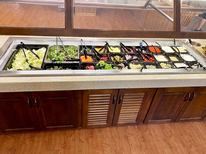The salad bar puts sad lettuce-and-dressing setups to shame with fresh vegetables, homemade dressings, and enough variety to count as a meal itself.