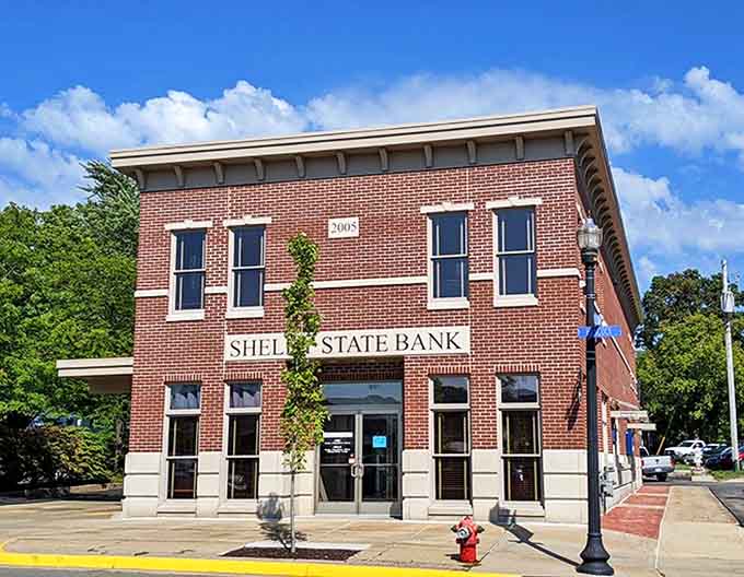 Shelby State Bank's brick façade speaks of stability and permanence – banking the old-fashioned way, where relationships matter more than algorithms.