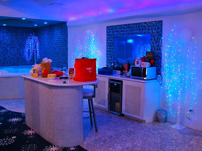 The Starlight Glacier bar glows with ethereal blue light, creating an atmosphere that's equal parts enchanting and otherworldly.