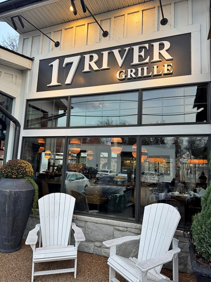 17 River Grille's sleek exterior promises upscale dining with a side of rushing water &ndash; dinner and a show, naturally provided.