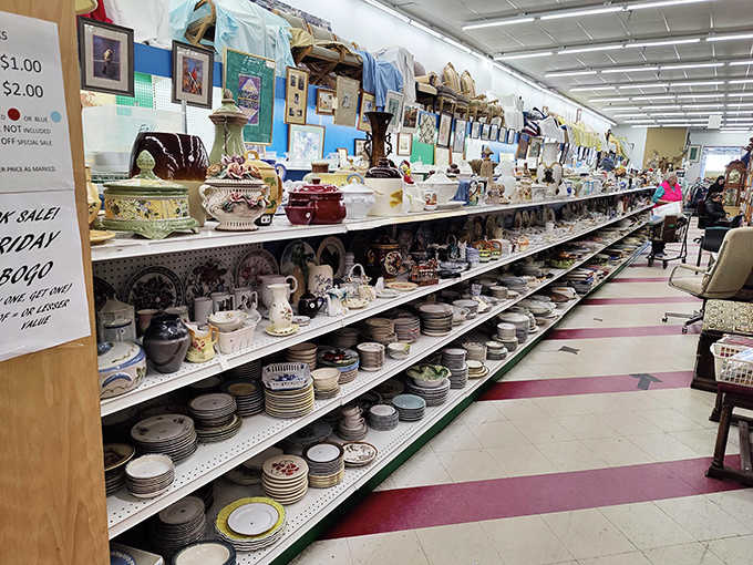 Dishes stacked with history and possibility &ndash; your grandmother's pattern might be hiding here, waiting to complete your set after all these years.