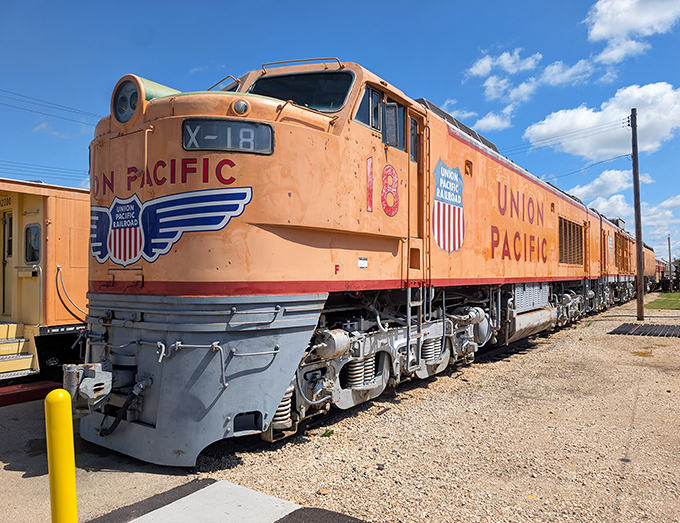 The iconic Union Pacific diesel, painted in sunshine yellow, stands ready to thunder down the tracks just like in its heyday.