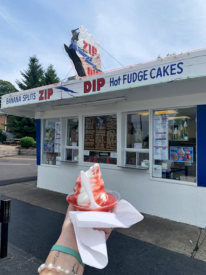 A classic vanilla soft serve with strawberry topping – simple perfection that proves sometimes the best things in life really are the sweetest.