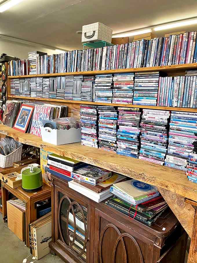 The vinyl and DVD section &ndash; where entertainment history lives on shelves instead of streaming services, waiting for its encore.