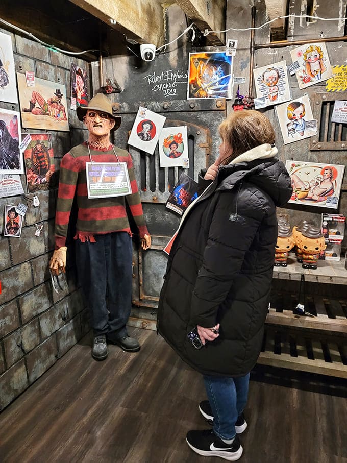 Visitor: Even Freddy Krueger has fans! This life-sized nightmare dweller attracts selfie-seekers who dare to stand beside Elm Street's most infamous resident.