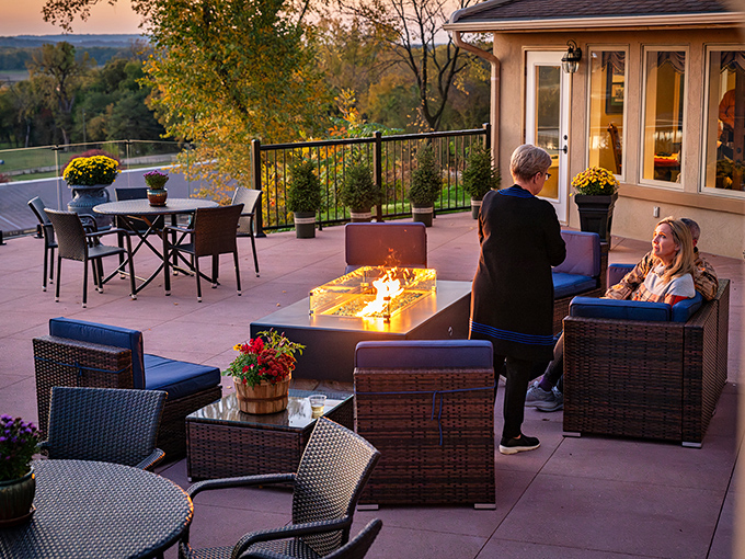 Visitors: The outdoor patio transforms sunset-watching from casual pastime to spiritual experience, complete with comfortable seating and ambient fire features.