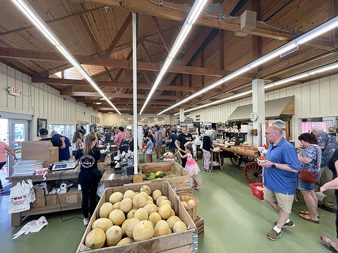 Shoppers browse with the focused determination of treasure hunters, each basket filling with edible souvenirs that won't last the car ride home.