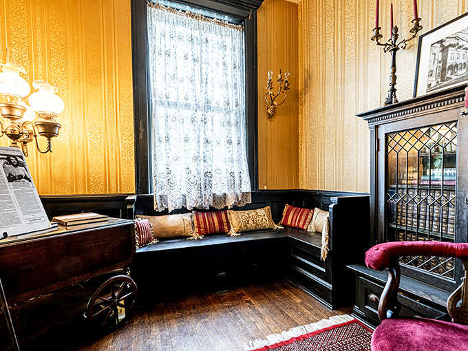 Books, wood paneling, and that yellow wallpaper&mdash;this room practically begs you to pen a strongly worded letter or contemplate life's mysteries.