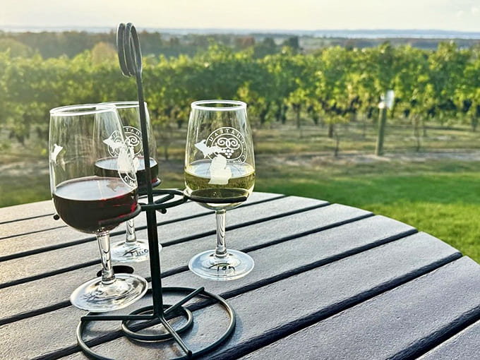 Wine Flight: The perfect trilogy &ndash; one red, one white, presented in a clever holder that turns wine tasting into both art and science.