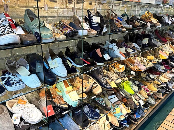 If these shoes could talk! Rows of gently-worn footwear await their second dance, from practical flats to statement heels.