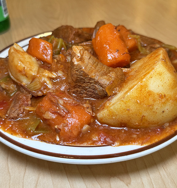 Winter in Chicago calls for this beef stew &ndash; chunks of tender meat and vegetables swimming in gravy that's been simmering since yesterday.