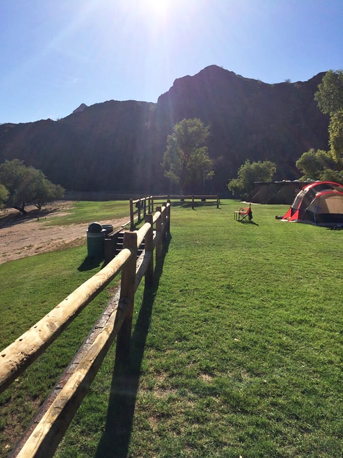 Grassy camping areas offer perfect spots for tents, with the Colorado River providing nature's soundtrack.