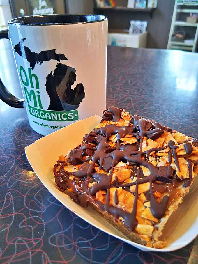 Dessert bar and mug: Michigan pride meets chocolate obsession in this perfect pairing &ndash; a caramel-topped treat alongside a mug that celebrates the Great Lakes State.