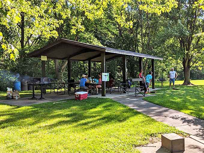 The park's sheltered pavilion area invites family gatherings where memories are made between bites of potato salad and shared laughter.