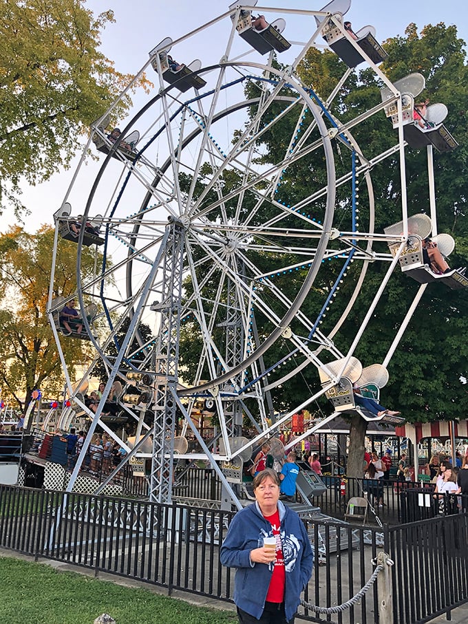 The Ferris wheel stands tall against fluffy clouds, offering riders a peaceful moment above the cheerful chaos of the park below.