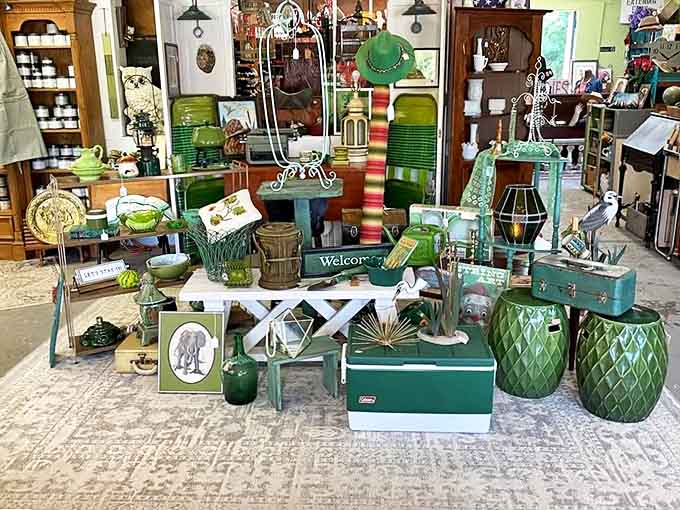 The green-themed display is like a vintage salad of collectibles. From mint jadeite to forest green coolers, it's a celebration of one color across many decades.
