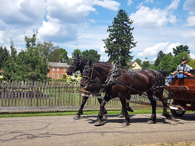Horse-drawn wagons still clip-clop through Zoar's streets, offering visitors a transportation experience that hasn't changed much since Thomas Jefferson's presidency.