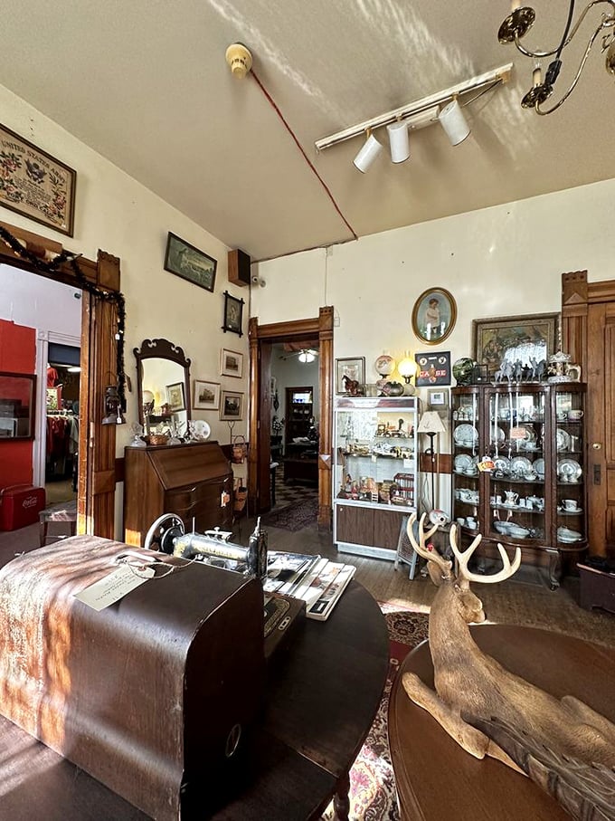 Antique furniture creates intimate vignettes throughout the space, with each room telling its own story through carefully preserved pieces of the past.