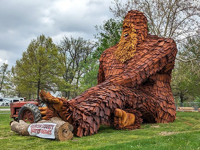 The legend is real... and made of wood! This massive Sasquatch welcomes everyone to the Mercer County Fairgrounds.