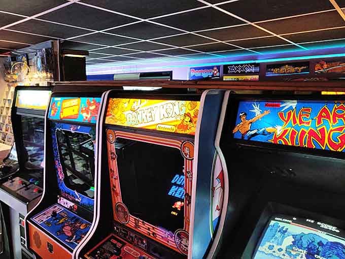 Donkey Kong and friends line the walls, their colorful cabinets a stark contrast to today's sleek gaming systems &ndash; sometimes bigger really is better!