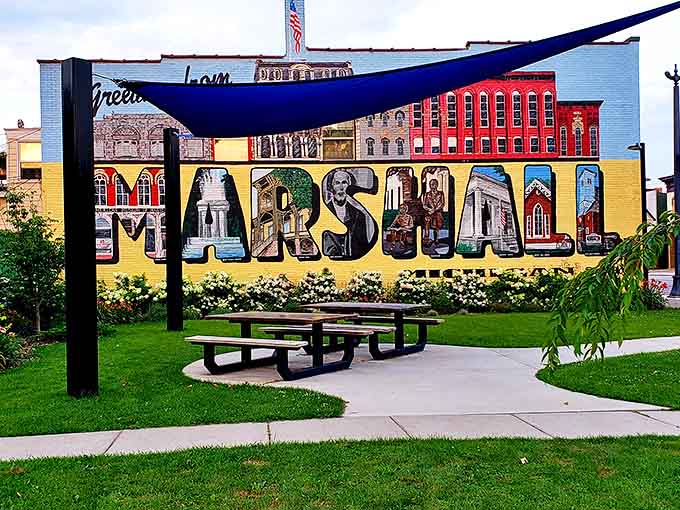 Mural: "Greetings from Marshall" captures the town's essence in vibrant colors, proving even the smallest towns can create Instagram-worthy backdrops.
