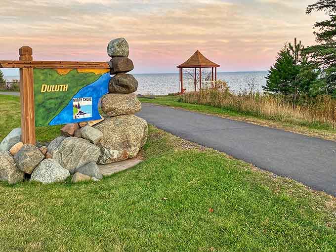 A welcoming sign marks the entrance to this geological wonderland, where Duluth shares one of its most treasured natural attractions.