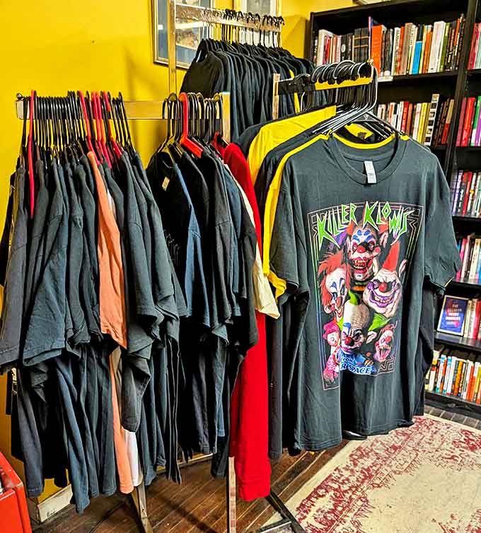 The t-shirt rack offers wearable manifestos of musical allegiance, with Killer Klowns standing guard over your fashion choices.