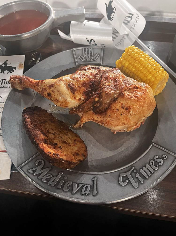 Tender smoked chicken served with garlic toast and corn on the cob – a feast fit for nobility without the need for modern utensils.