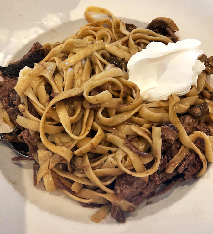 Perfect al dente ribbons of pasta embrace tender beef chunks in a sauce that somehow manages to be rich without inducing a food coma.