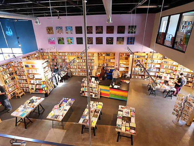 A bird's-eye view reveals the thoughtful layout, where browsers weave between shelves like characters navigating their own literary adventure.