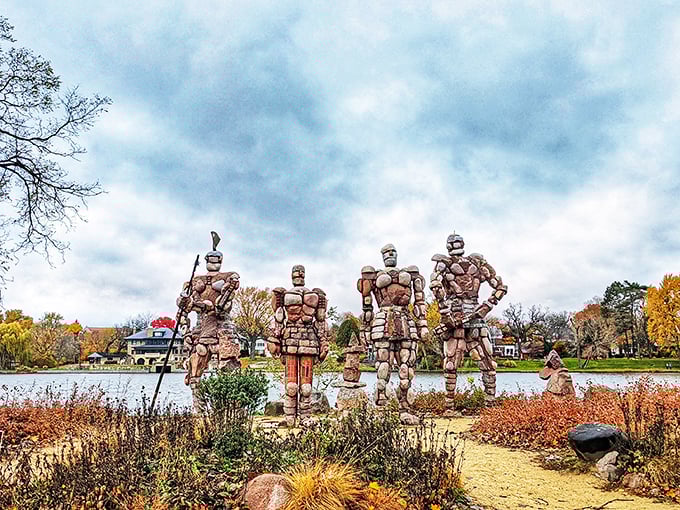 Fall transforms the guardians' surroundings into a canvas of vibrant reds and golds, enhancing their dramatic presence.