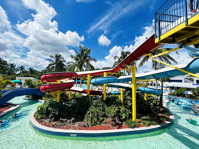 Twisting water slides in bold primary colors promise just enough adrenaline without requiring you to update your will beforehand.