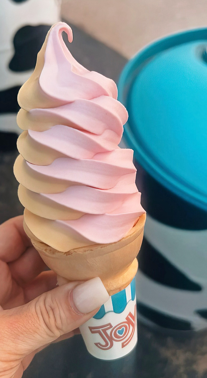 The pink and yellow twist cone creates a sunset-in-edible-form, balancing sweet watermelon and tropical mango in perfect harmony.