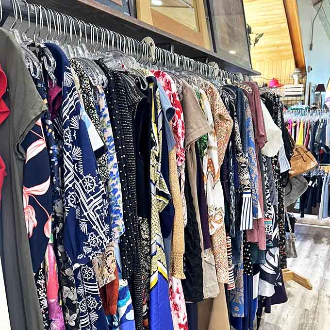 Ladies' clothing racks burst with patterns and possibilities &ndash; each hanger a potential fashion revelation waiting to be discovered.